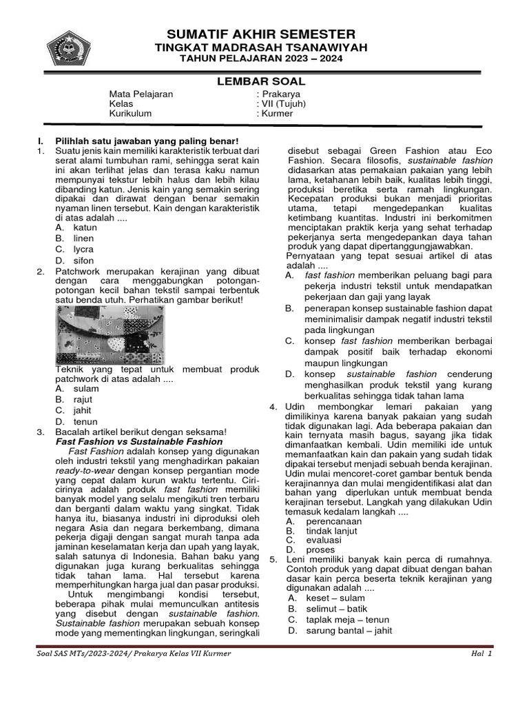 Soal Sas Prakarya Kelas 7 Kurmer Tapel 2023-2024 | PDF | Seni | Komputer