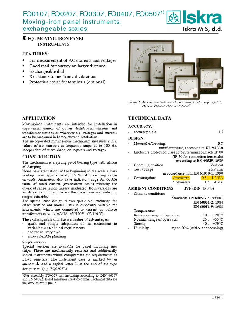 ISKRA FQ 0307 Current Meter With Moving Iron Datasheet | PDF | Science ...