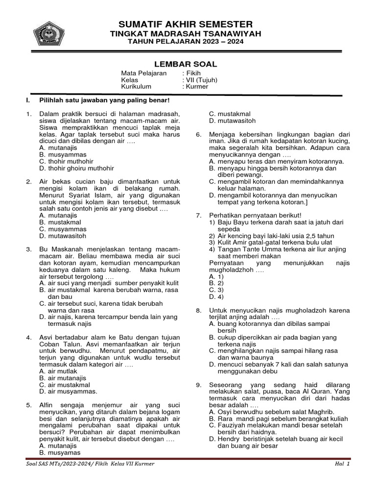 Soal Sas Fikih Kelas 7 Kurmer Tapel 2023-2024 | PDF