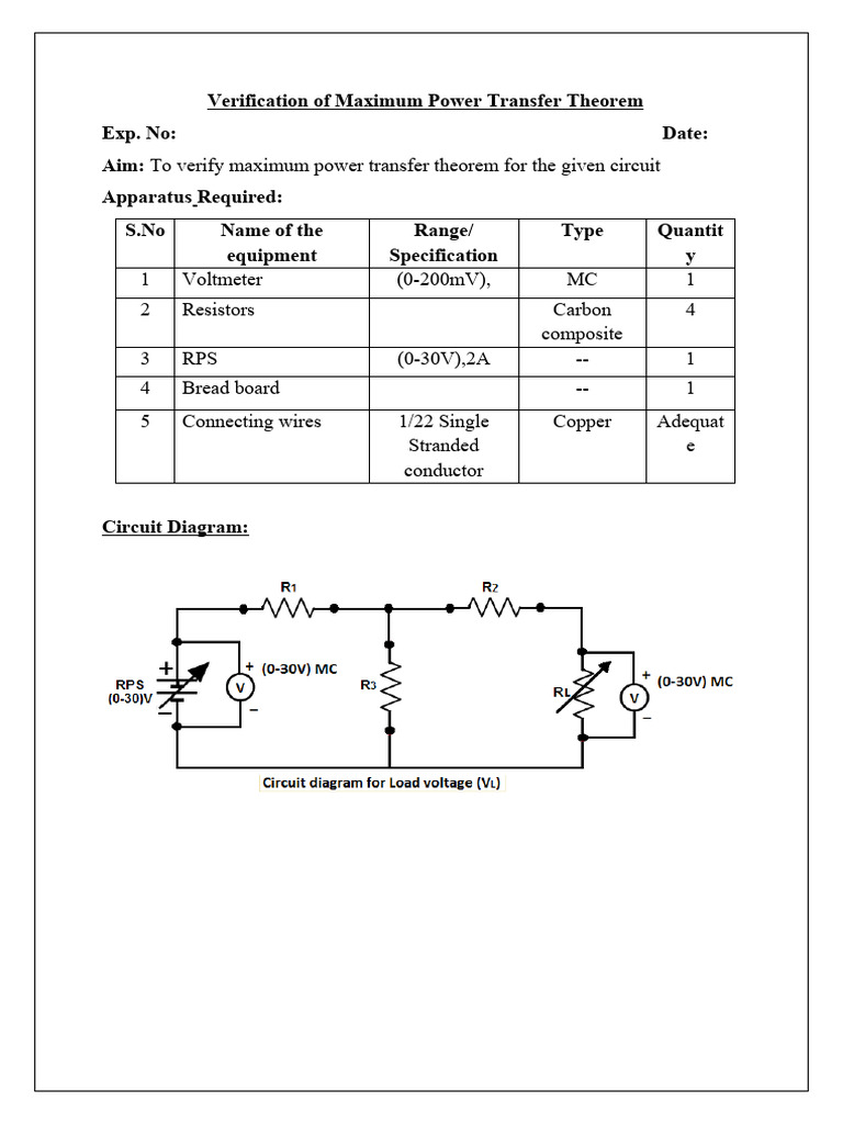 Maximum Power Transfer Theorem Verification | PDF | Voltage ...