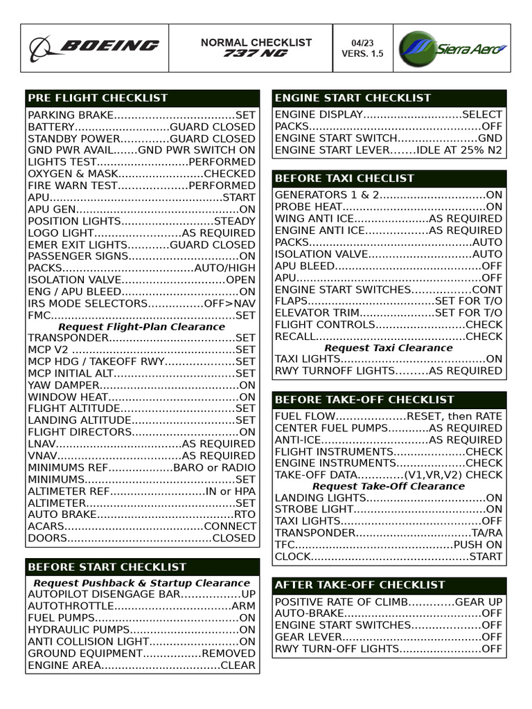 B737NG Normal Checklist Sierra | PDF | Takeoff | Aerospace