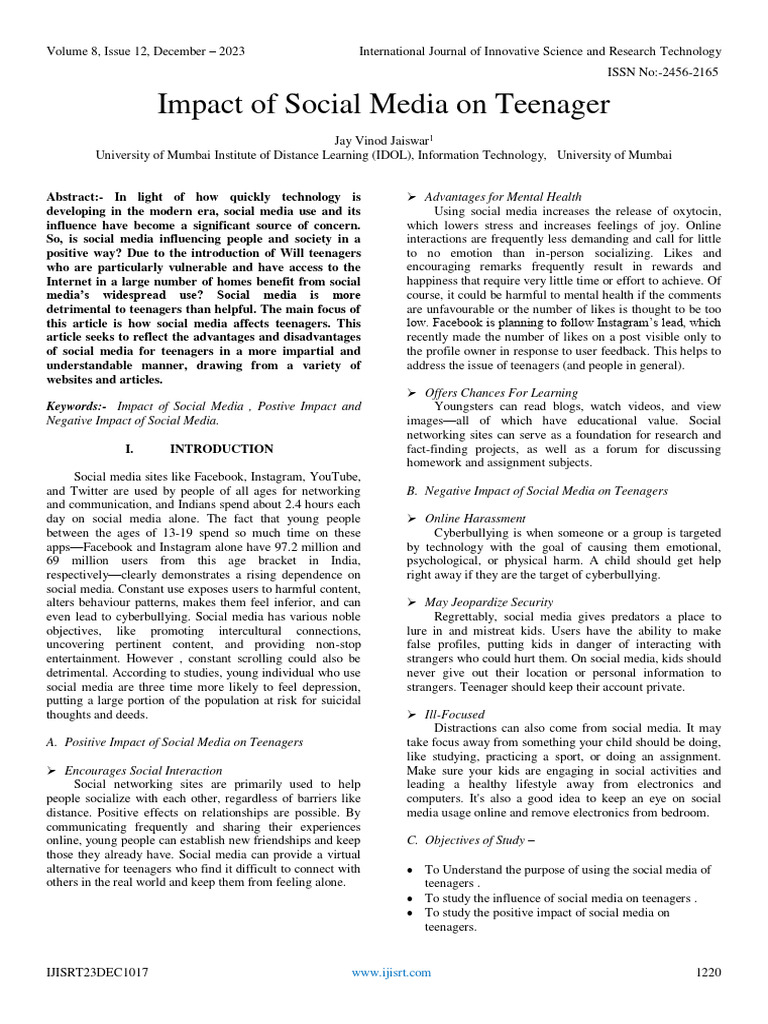Impact of Social Media On Teenager | PDF | Social Media | Popular ...