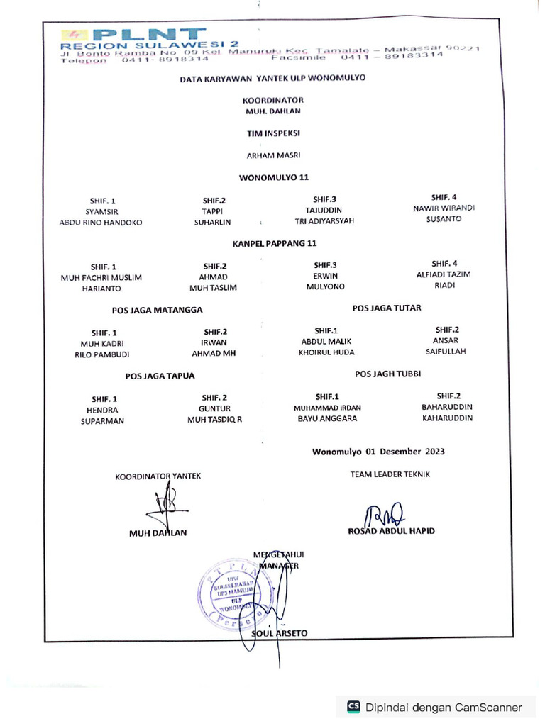 Jadwal Piket Yantek ULP Wonomulyo Desember 2023 | PDF