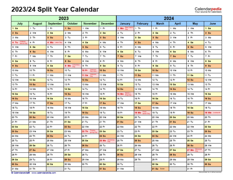 Split Year Calendar 2023 2024 Landscape | PDF