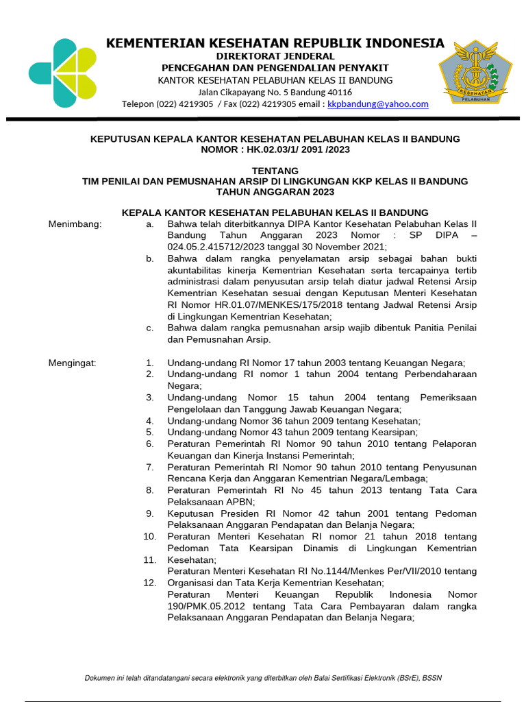 SK Tim Penilai Dan Pemusnahan Arsip 2023 | PDF