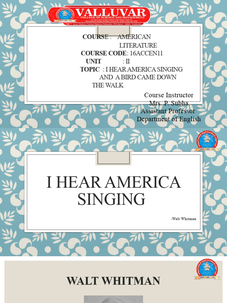 Whitman's "I Hear America Singing" Analysis | PDF | Poetry
