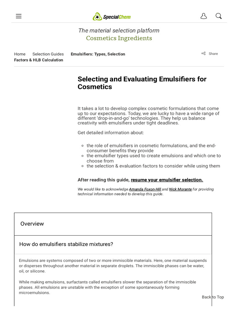 Emulsifiers in Cosmetics: Selection Guide | PDF