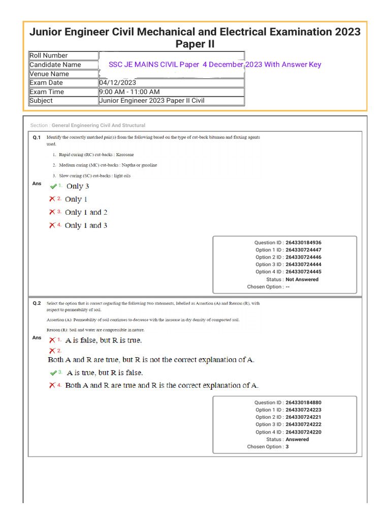 SSC Je Mains Civil Paper 4 Dec 2023 With Key | PDF | Qualifications | Student Assessment And ...