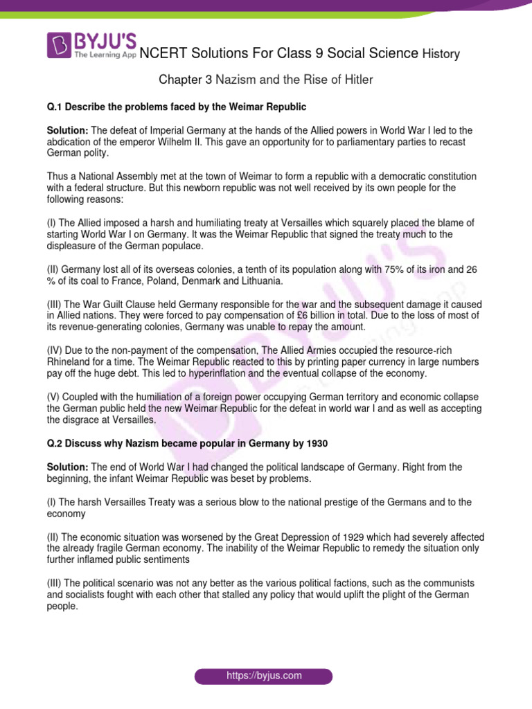 NCERT Solutions Class 9 Social Science History Chapter 3 Nazism and The ...