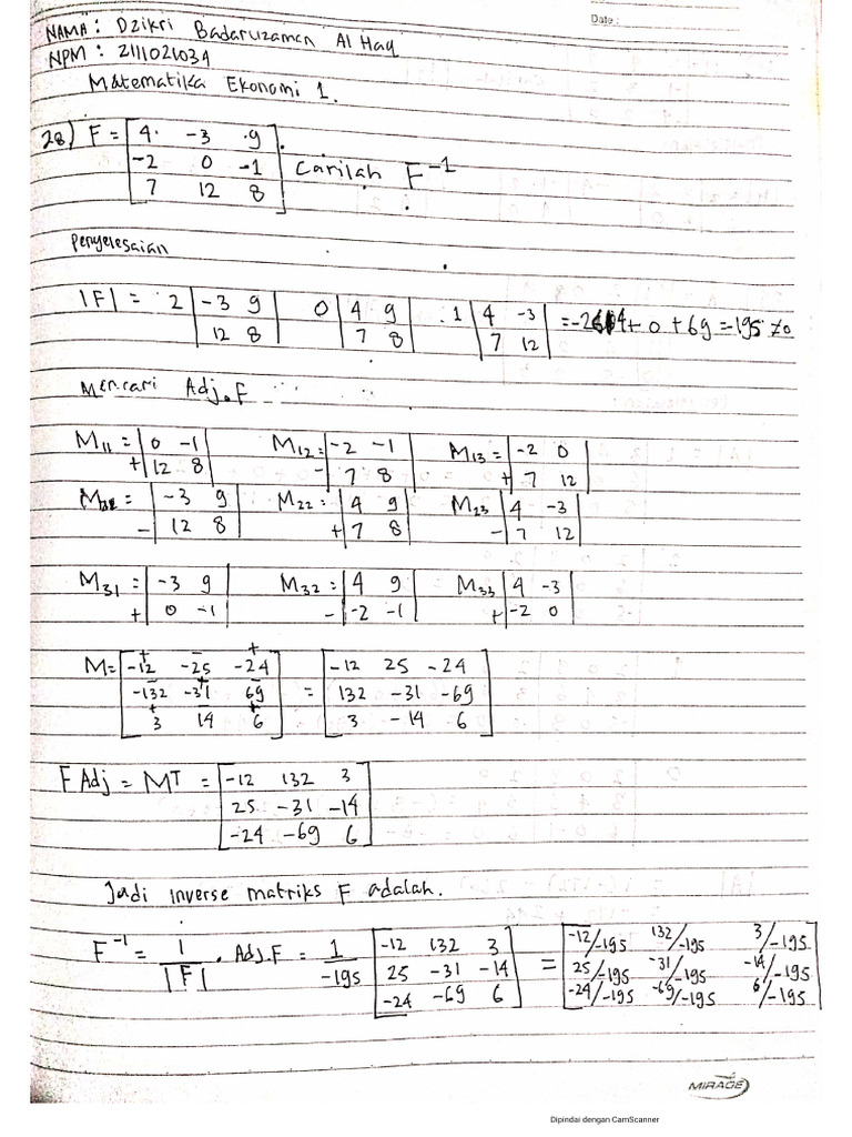 Dzikri Badaruzaman Al Haq - 2111021034 - Tugas Matriks Matek | PDF