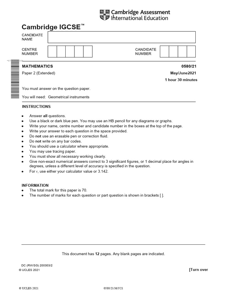 Cambridge IGCSE: 0580/21 Mathematics | PDF