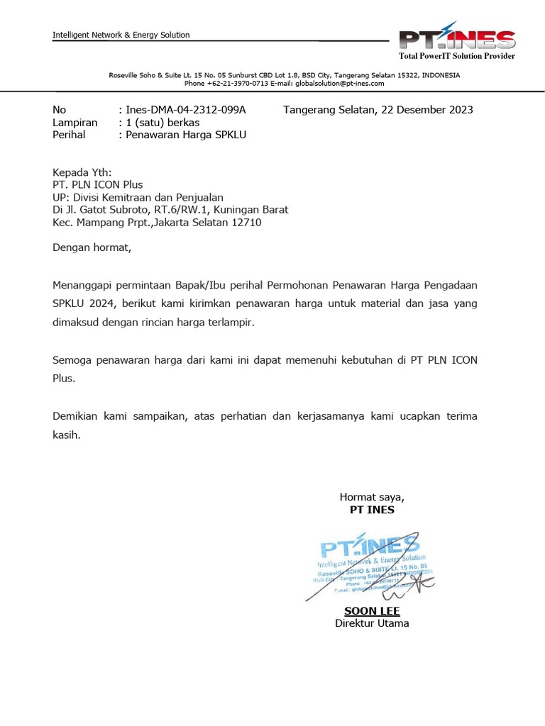 Ines-DMA-04-2312-099A - Surat Penawaran SPKLU ICON 2024 | PDF ...