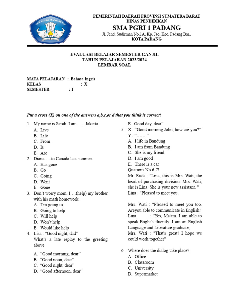 Soal Bahasa Inggris Kelas X | PDF