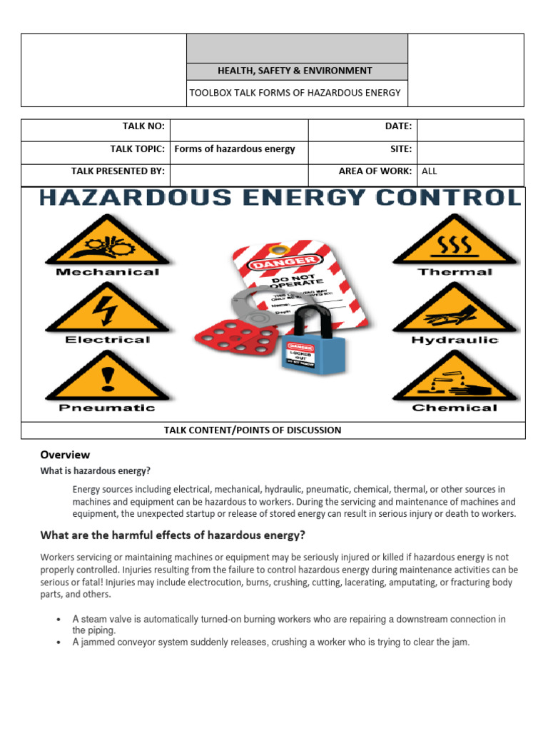 Forms of Hazardous Energy | PDF | Safety | Occupational Safety And Health