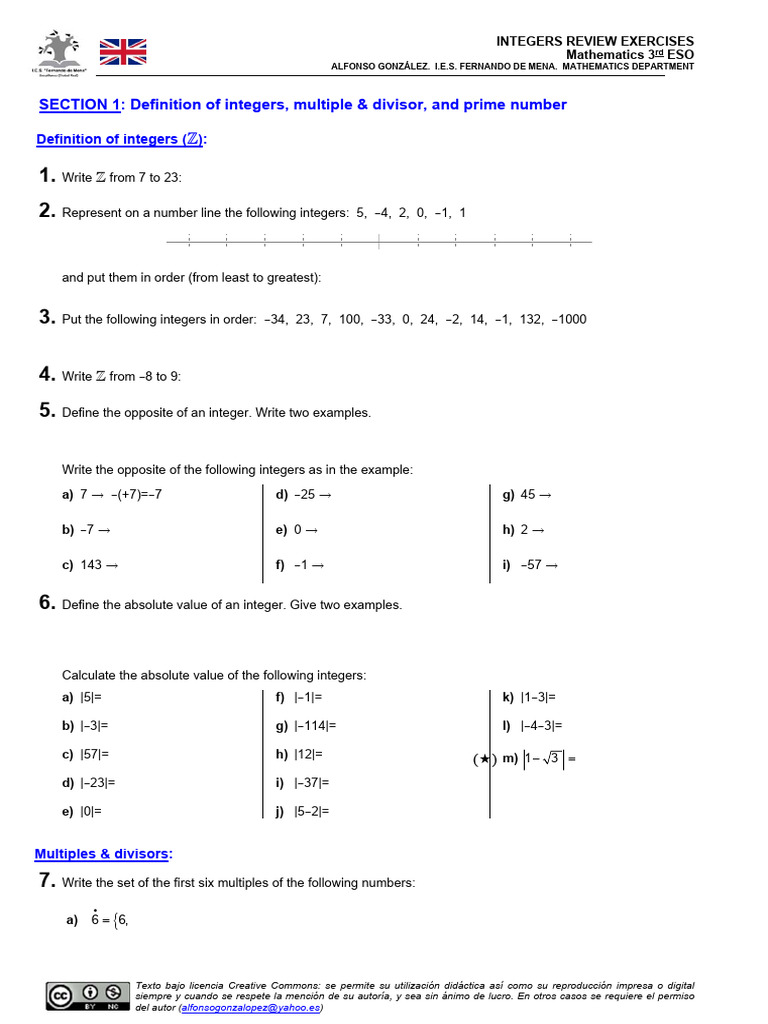 1 Integers Review Exercises | PDF