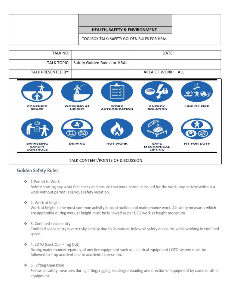 TBT Safety Golden Rules For HRAs | PDF