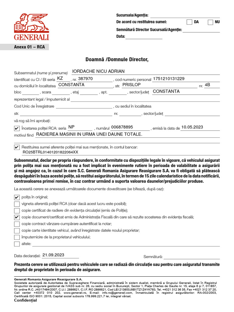 1 - Cerere Restituire Prima RCA - Anexa 01 - Campuri Editabile | PDF