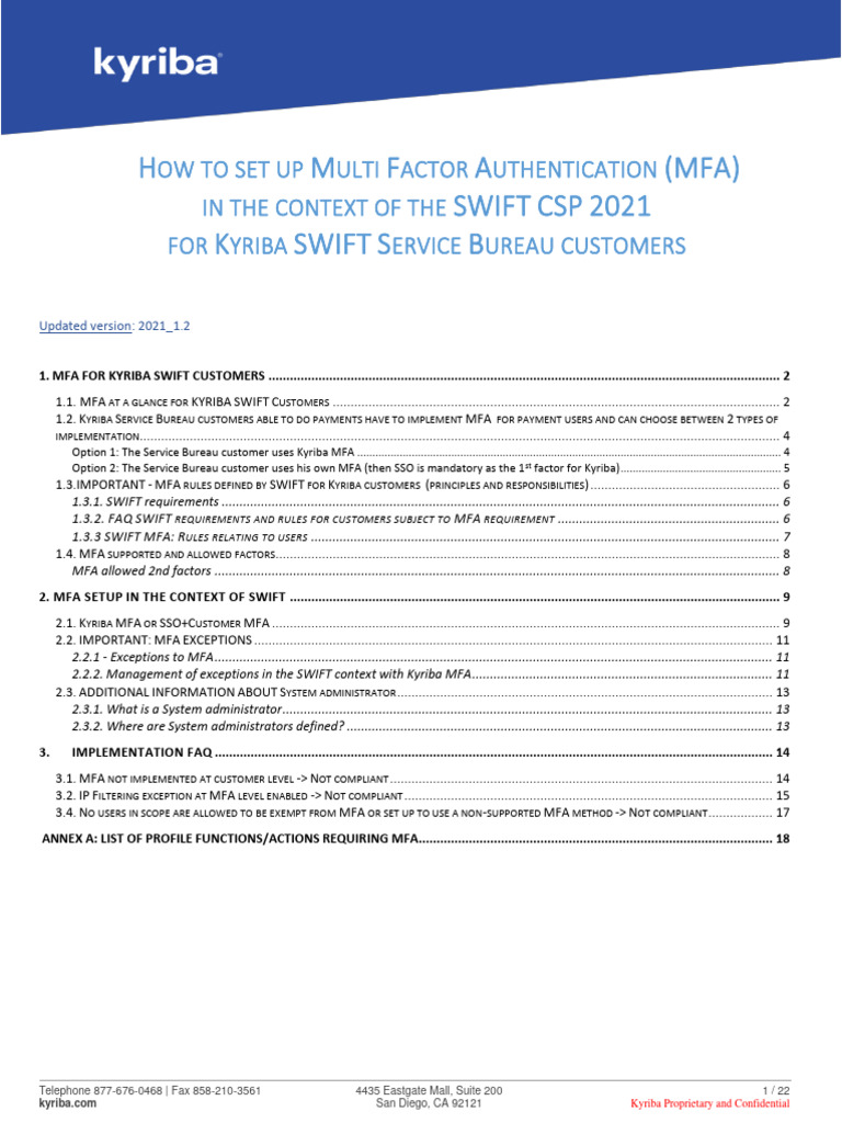 EXT How To Setup MFA SB SWIFT CSP 2021 For Kyriba Customers 1.1 | PDF
