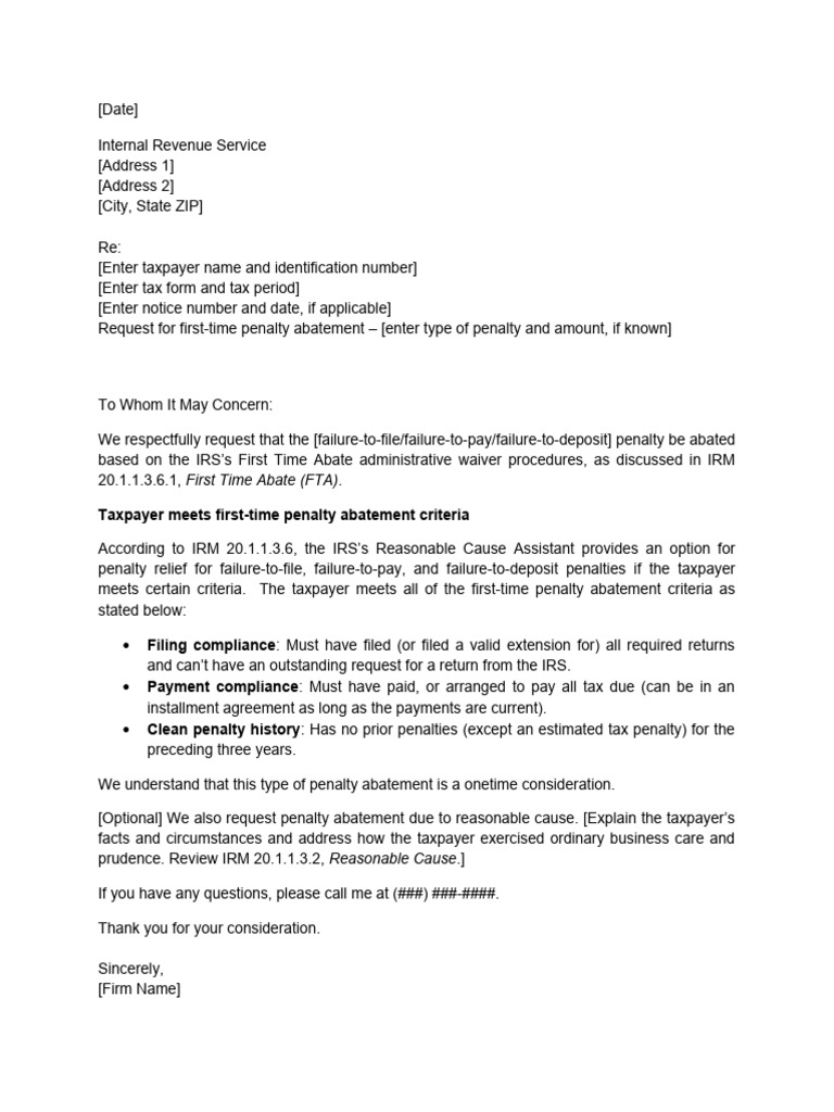 Irs Letter To Request First Time Penalty Abatement | PDF