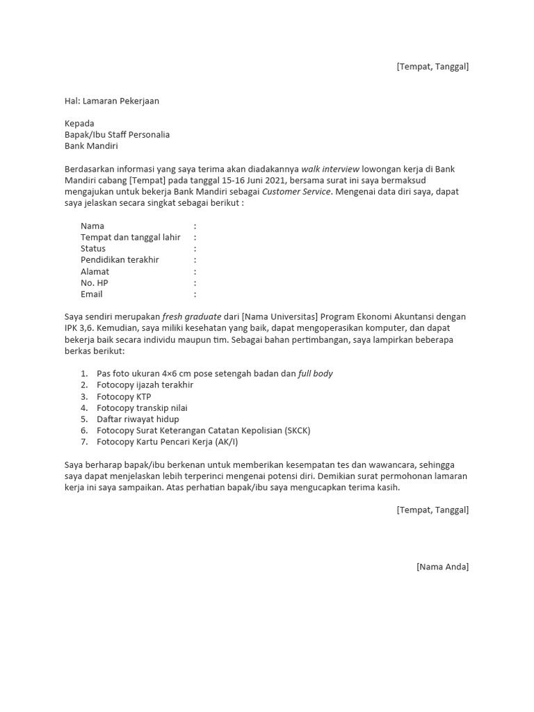 Contoh Surat Lamaran Kerja Ke Bank | PDF