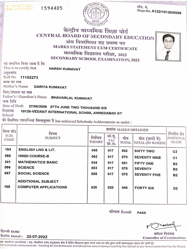 22-7-2022 Harsh Kumavat 10th Result | PDF
