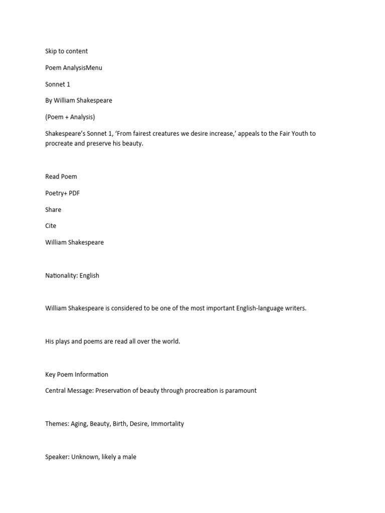 Sonnet 1 Pdf Rhetoric British Poems