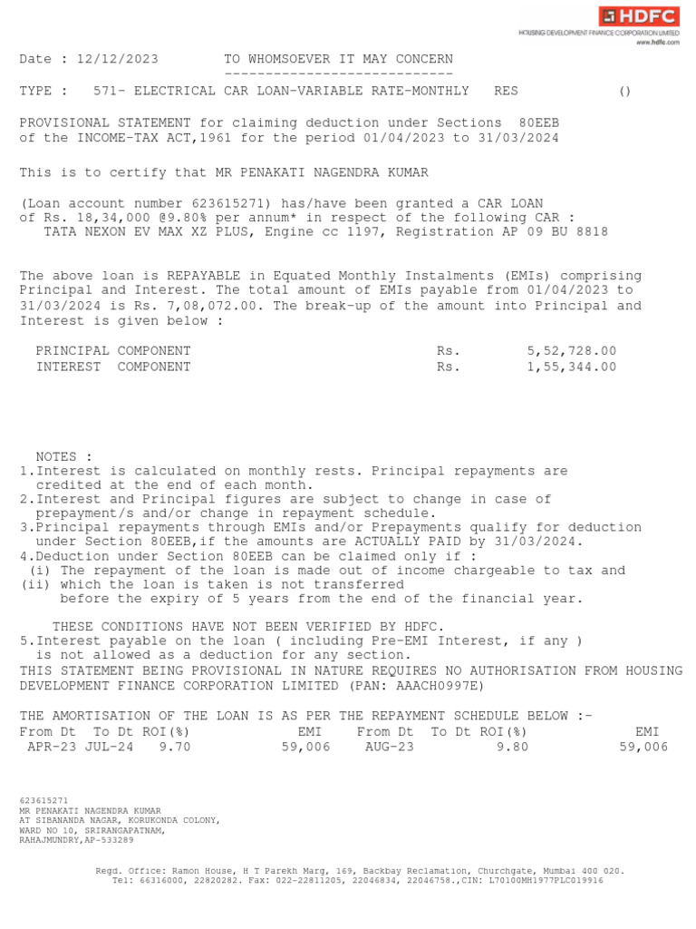 Car Loan Statement for Tata Nexon EV | PDF | Loans | Tax Deduction