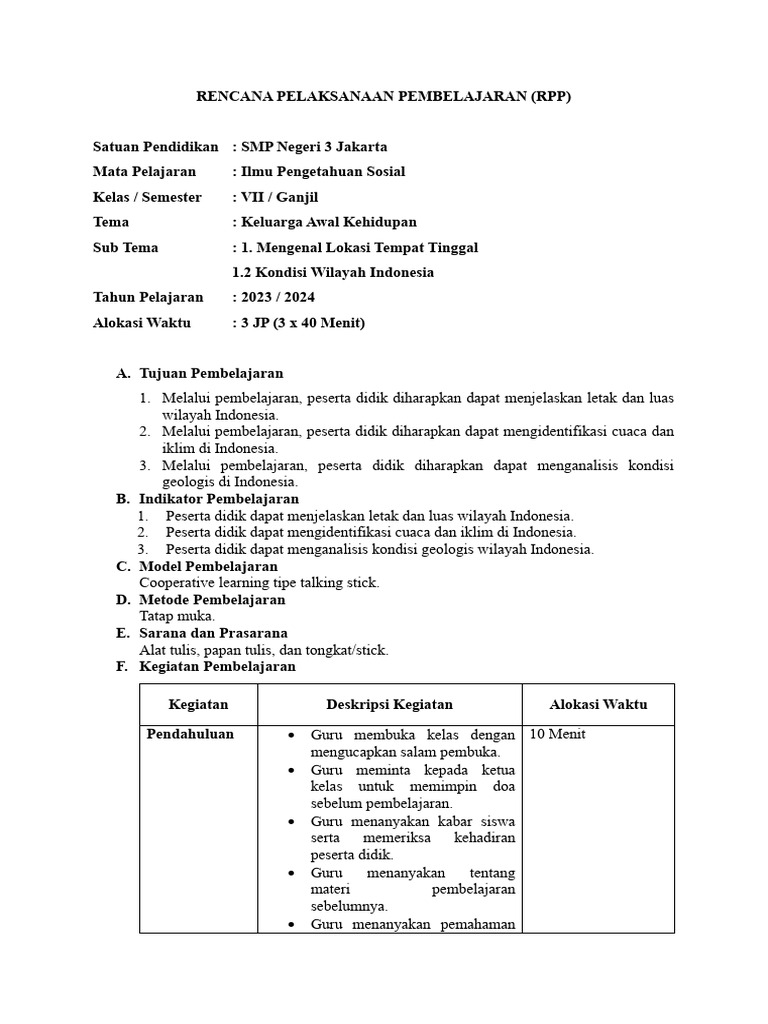RPP SUB BAB Kondisi Wilayah Indonesia KELAS 7C | PDF
