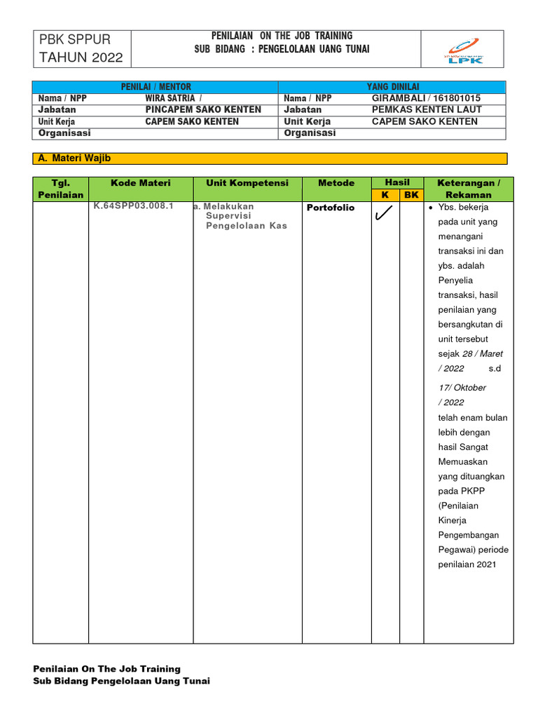 Form Penilaian On The Job Training (OJT) Pengelolaan Uang Tunai JK.5 Th. 2022-1 | PDF