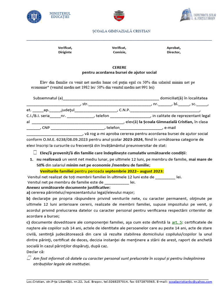 Cerere Bursa Sociala Venit | PDF