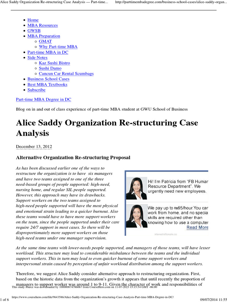 Alice Saddy Organization Re Structuring Case Analysis Part Time MBA ...