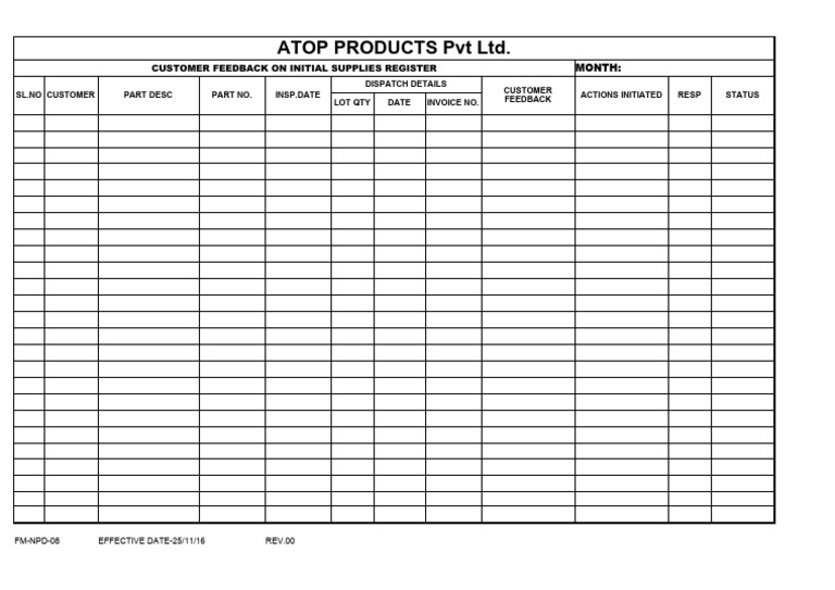 FM-NPD-08 (Customer Feedback On Initial Supplies Register) | PDF