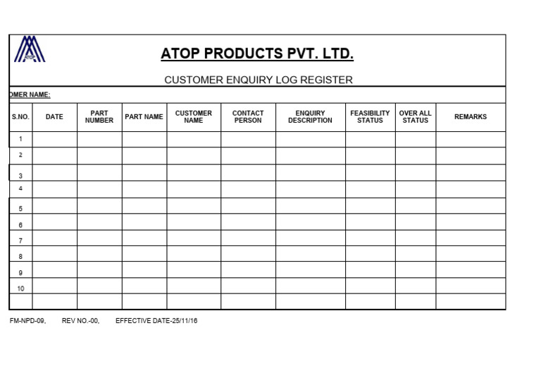 FM-NPD-09 (Customer Enquiry Log Register) | PDF