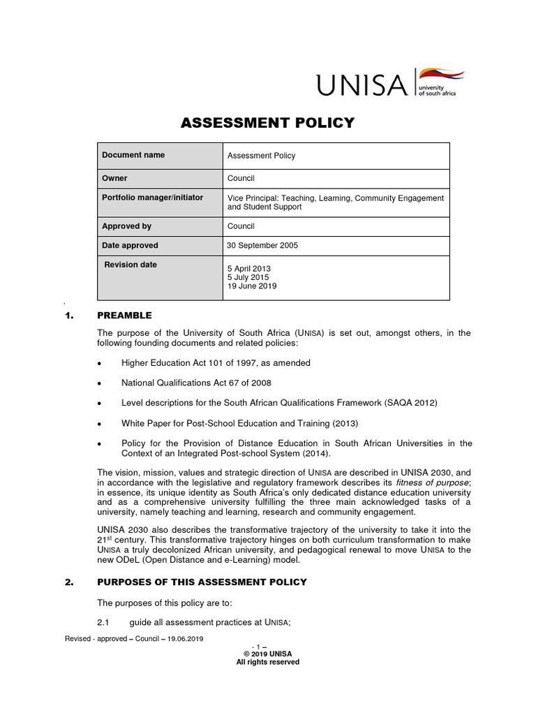 UNISA Assessment Policy 2019 | PDF | Educational Assessment | Learning