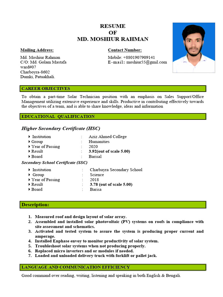 Resume OF Md. Moshiur Rahman: Higher Secondary Certificate (HSC ...