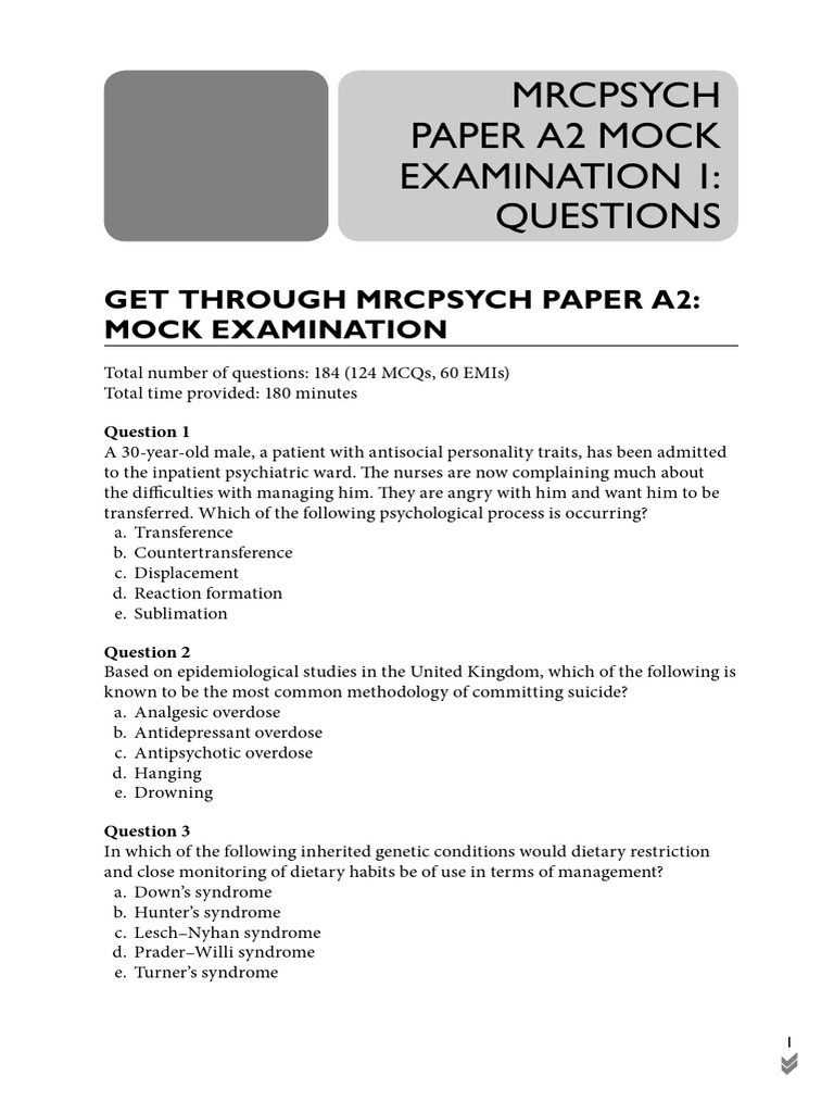 MRCPSYCH Paper A2 Mock Exam Questions | PDF