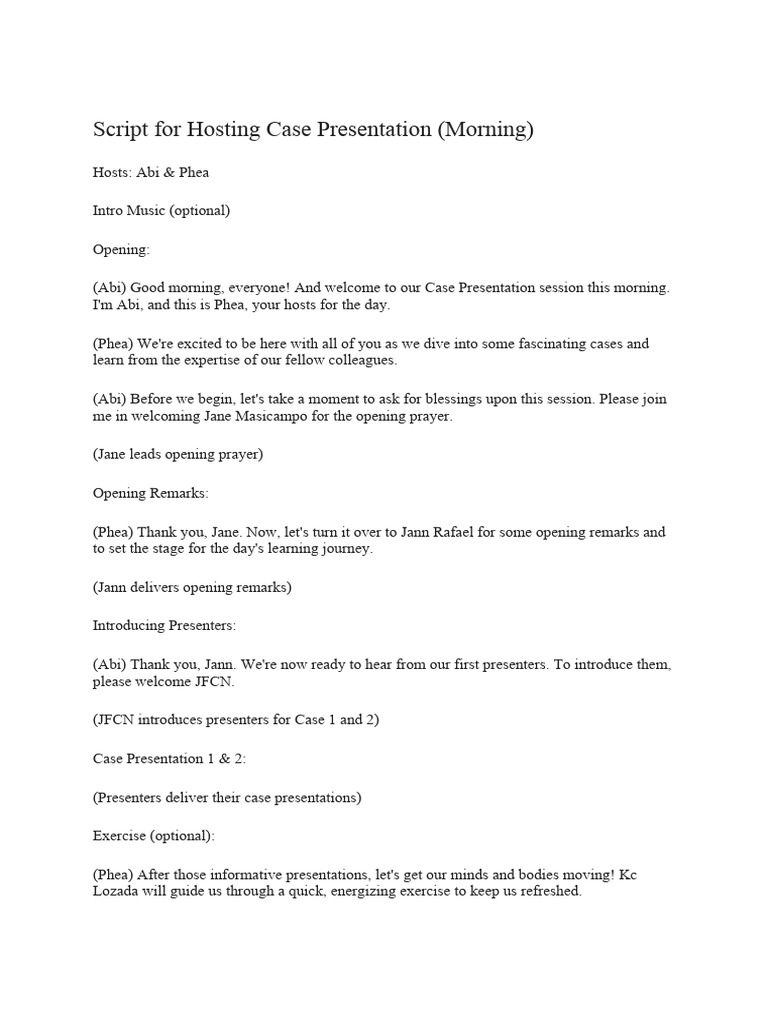 Script For Hosting Case Presentation | PDF