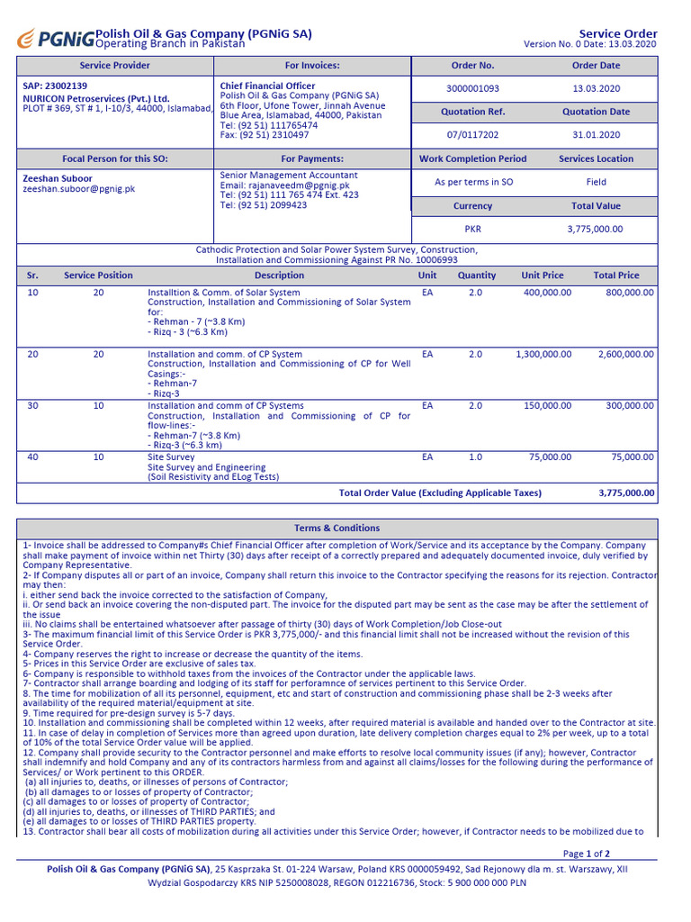 Polish Oil & Gas Company (Pgnig Sa) Service Order: Operating Branch in ...