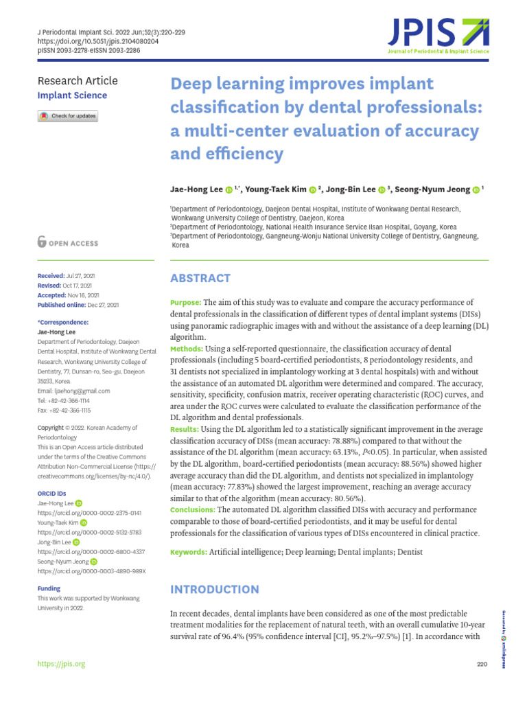 Deep Learning Improves Implant Classification by Dental Professionals - A Multi-Center ...