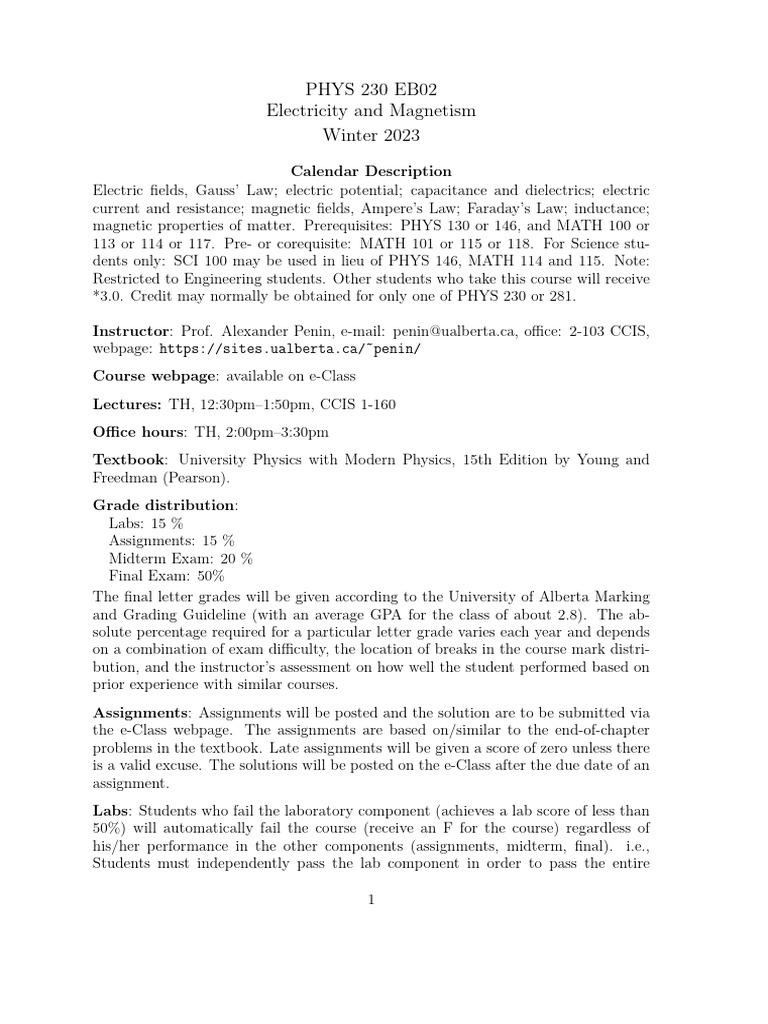 2023 Winter PHYS 230 LECTURE EB02 | PDF