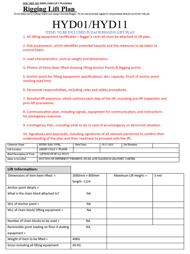 Rigging Lift Plan For Duct Lifting With Scissor Lift Second | PDF