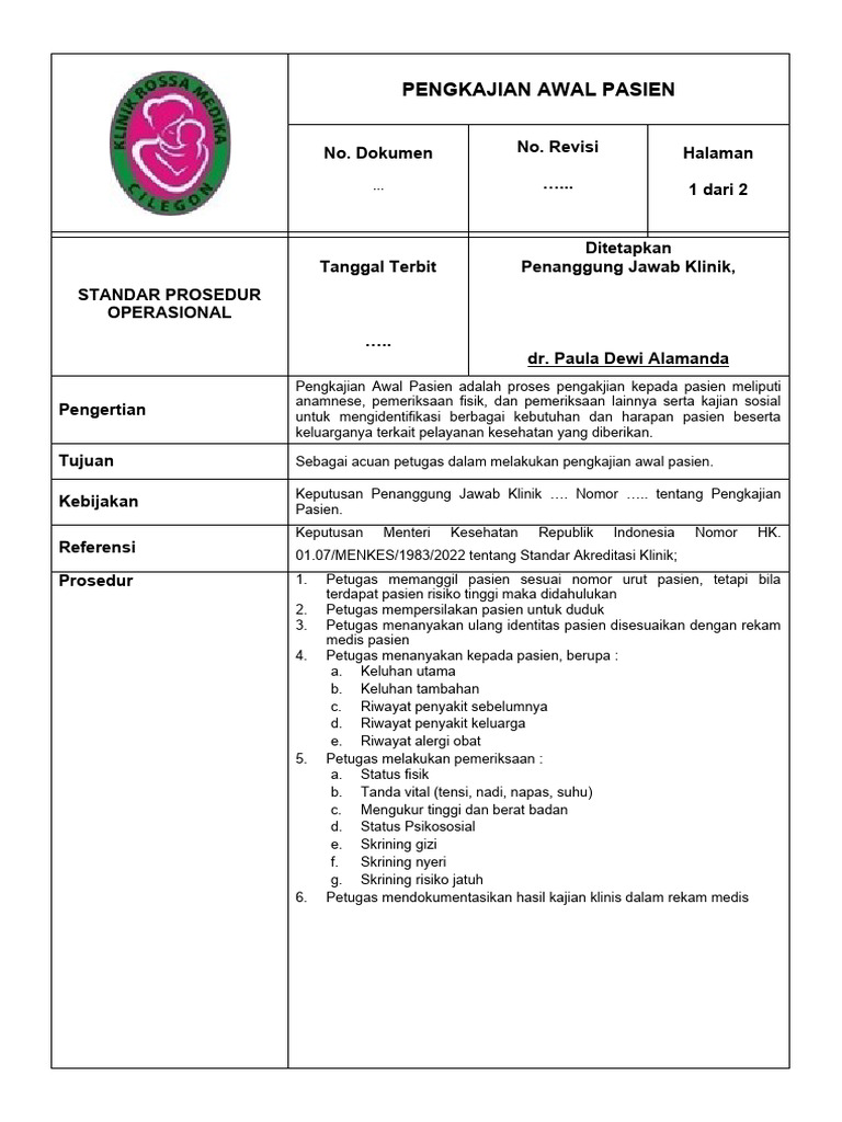 Prosedur Pengkajian Awal Pasien | PDF