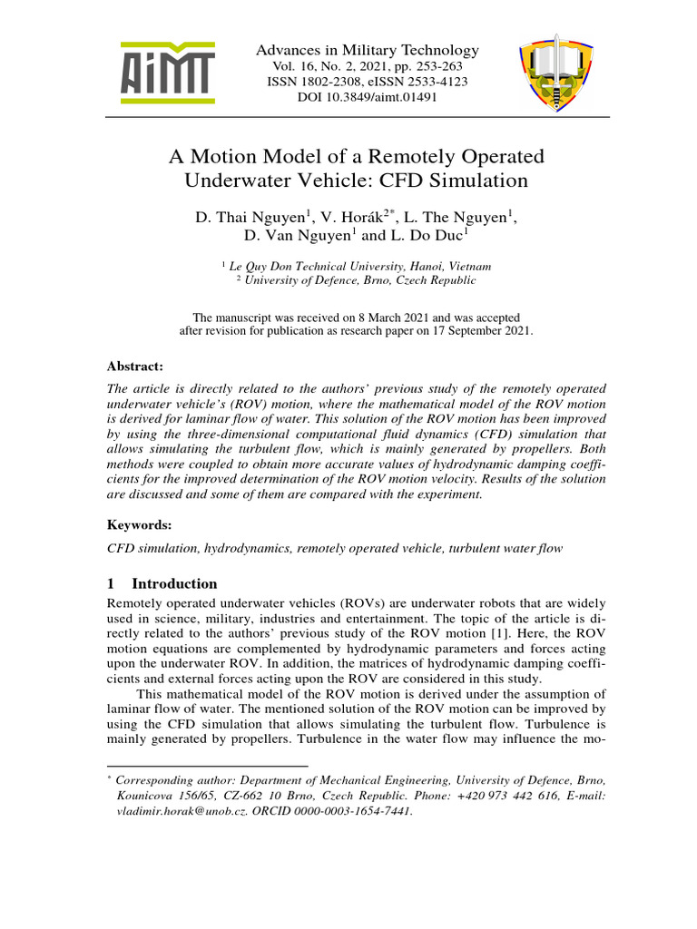 A Motion Model of A Remotely Operated Underwater Vehicle CFD Simulation ...