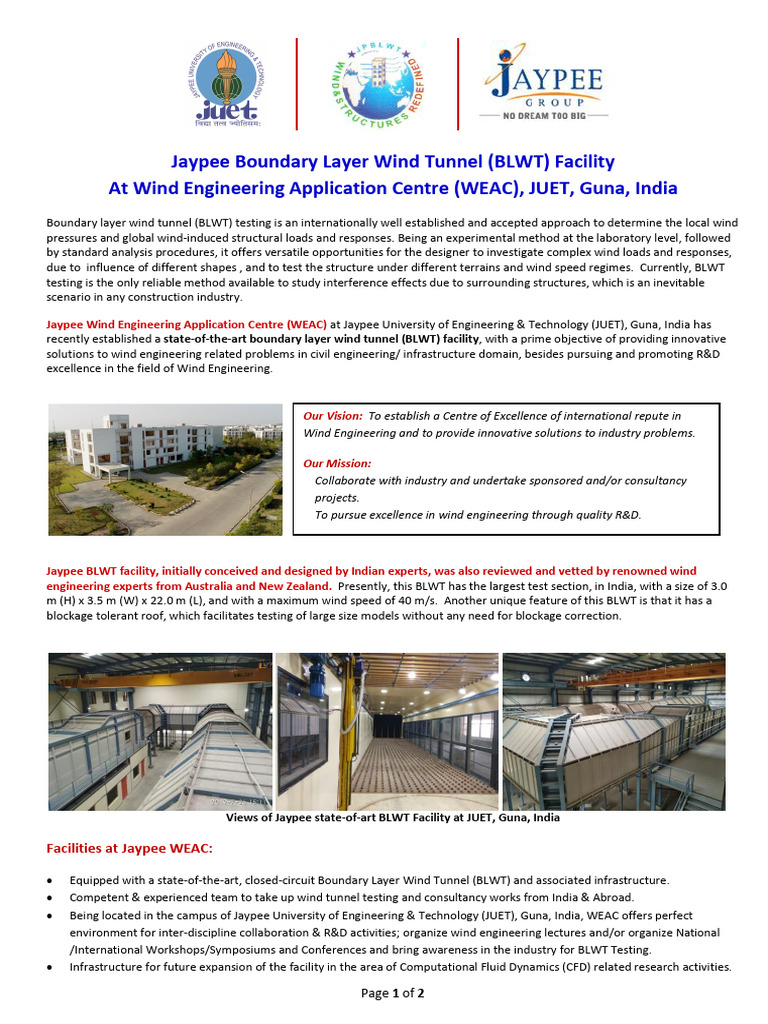 Jaypee BLWT Brochure-April 2023 | PDF | Wind Tunnel | Engineering