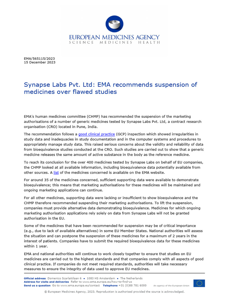 Synapse Article 31 Referral Synapse Labs PVT LTD Ema Recommends Suspension Medicines Over Flawed ...