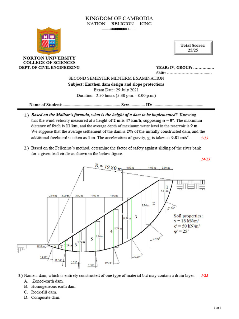 2021-Mid-Term Exam of Earth Dam Design and Slope Protection | PDF | Dam ...