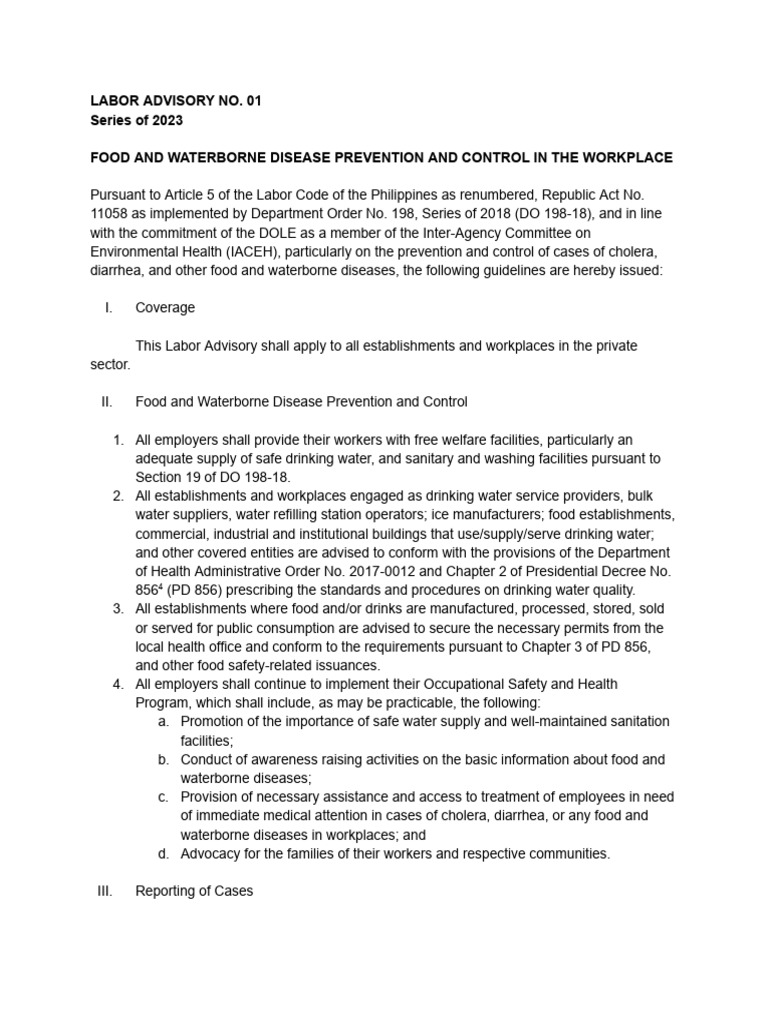 Labor Advisory No. 01-23 Food and Waterborne Disease Prevention and ...