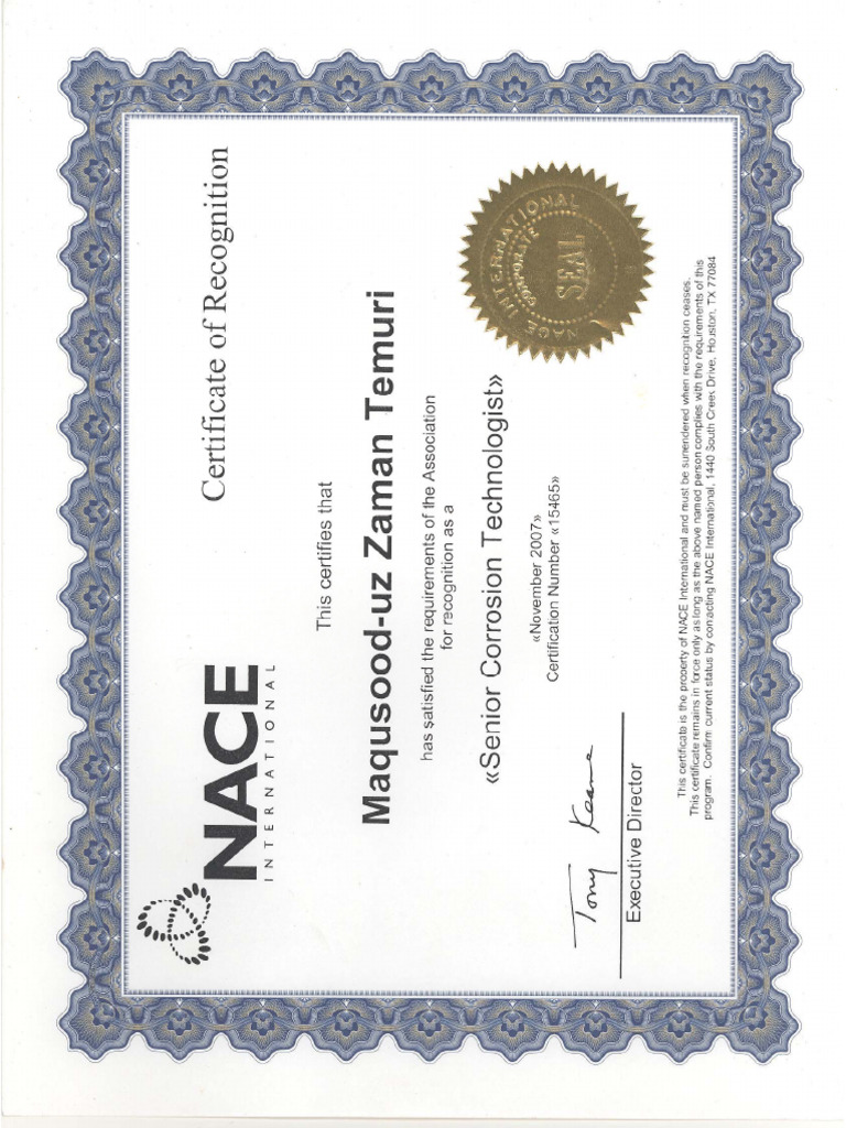 MZT Nace Certificate | PDF