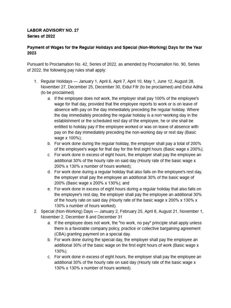 Labor Advisory No. 27-22 Payment of Wages For The Regular Holidays and ...