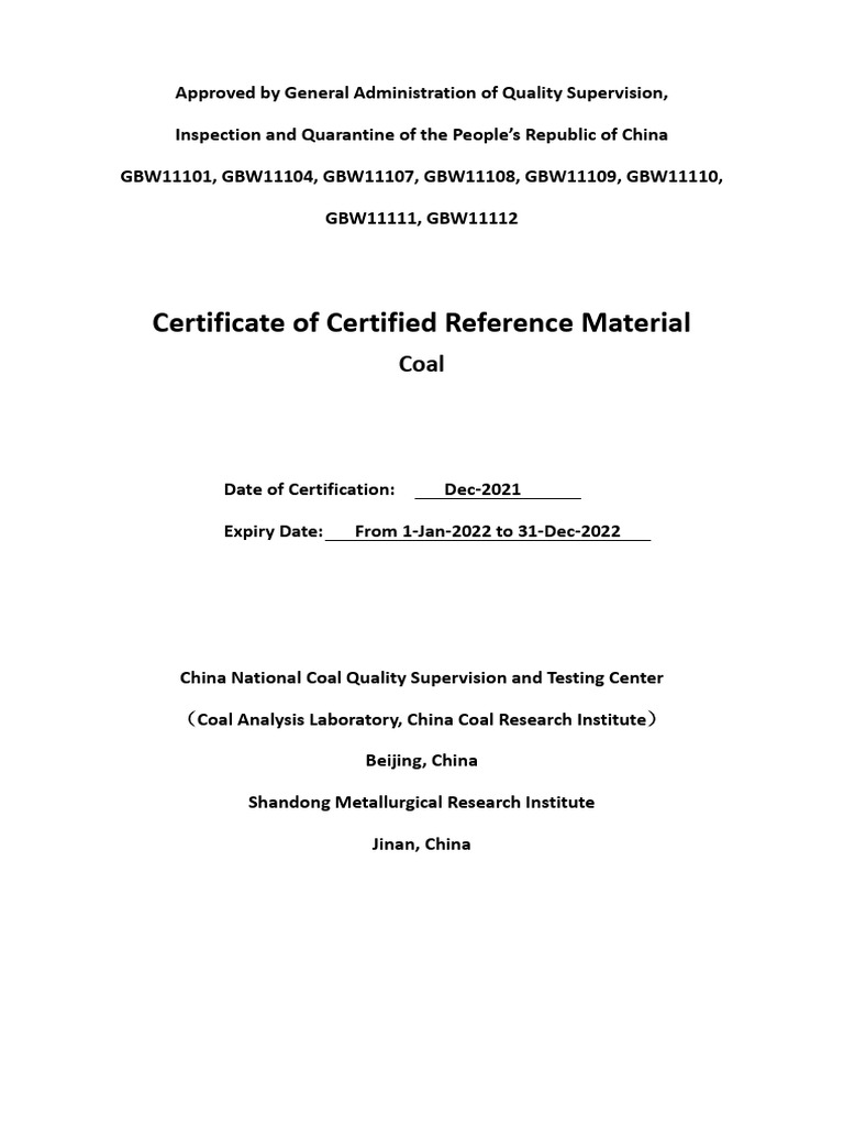 Certificate of Certified Reference Material | PDF | Coal | Fossil Fuels